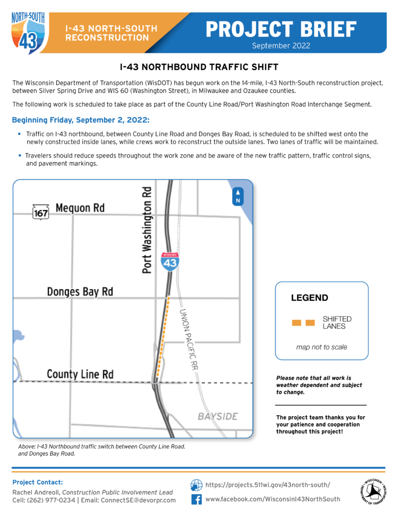 9/2: Traffic Switch Along Northbound I-43 – I-43 NORTH-SOUTH (Glendale ...