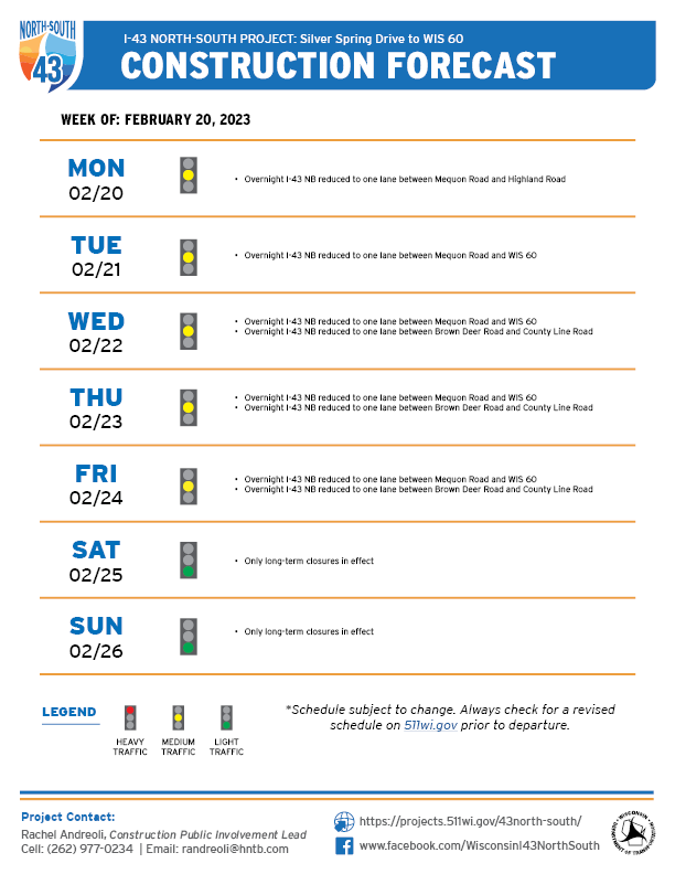 Weekly Construction Forecast – I-43 NORTH-SOUTH (Glendale to Grafton)