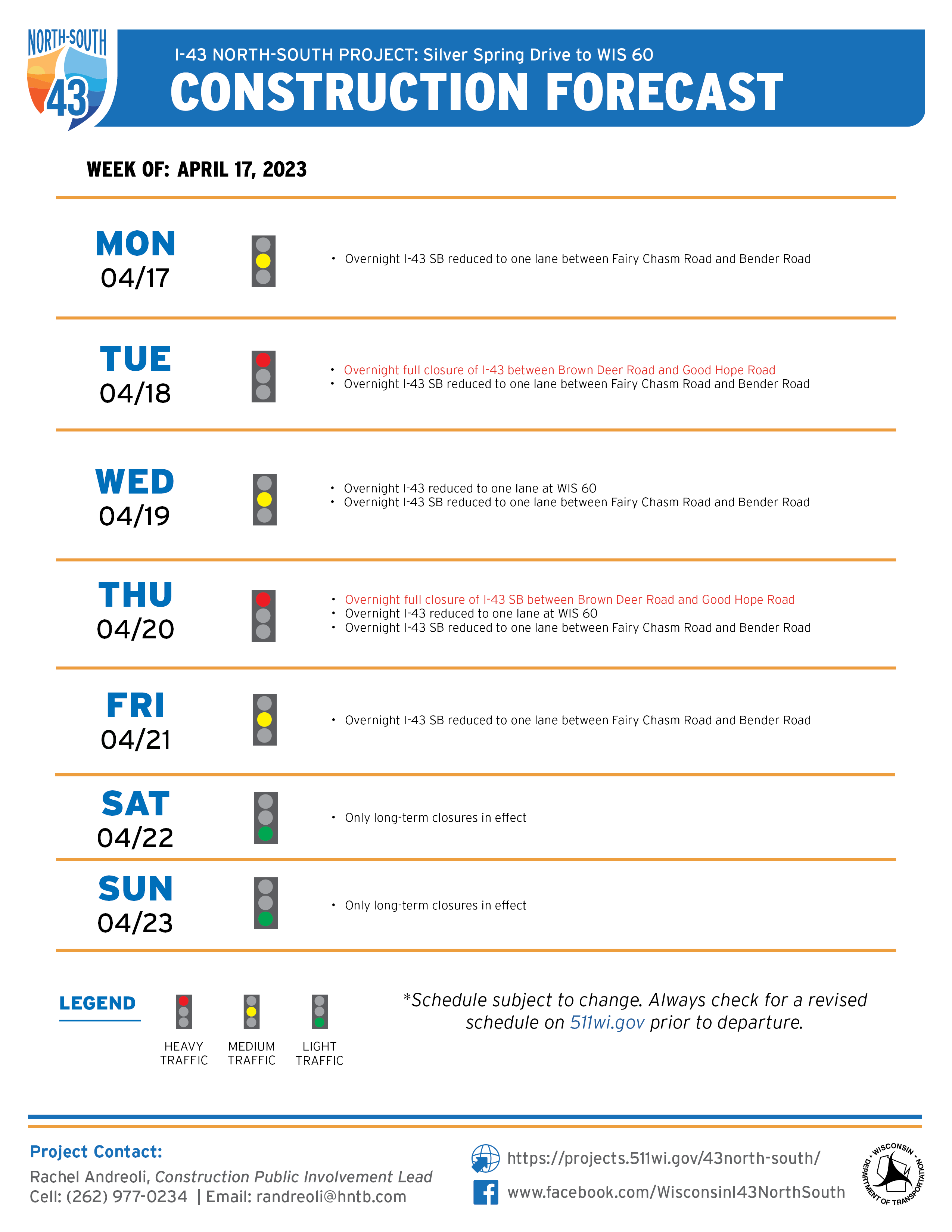 Weekly Construction Forecast – I-43 NORTH-SOUTH (Glendale to Grafton)