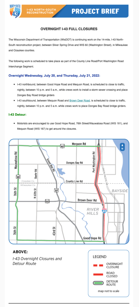 7/20 and 7/21: Overnight I-43 Full Closures – I-43 NORTH-SOUTH ...